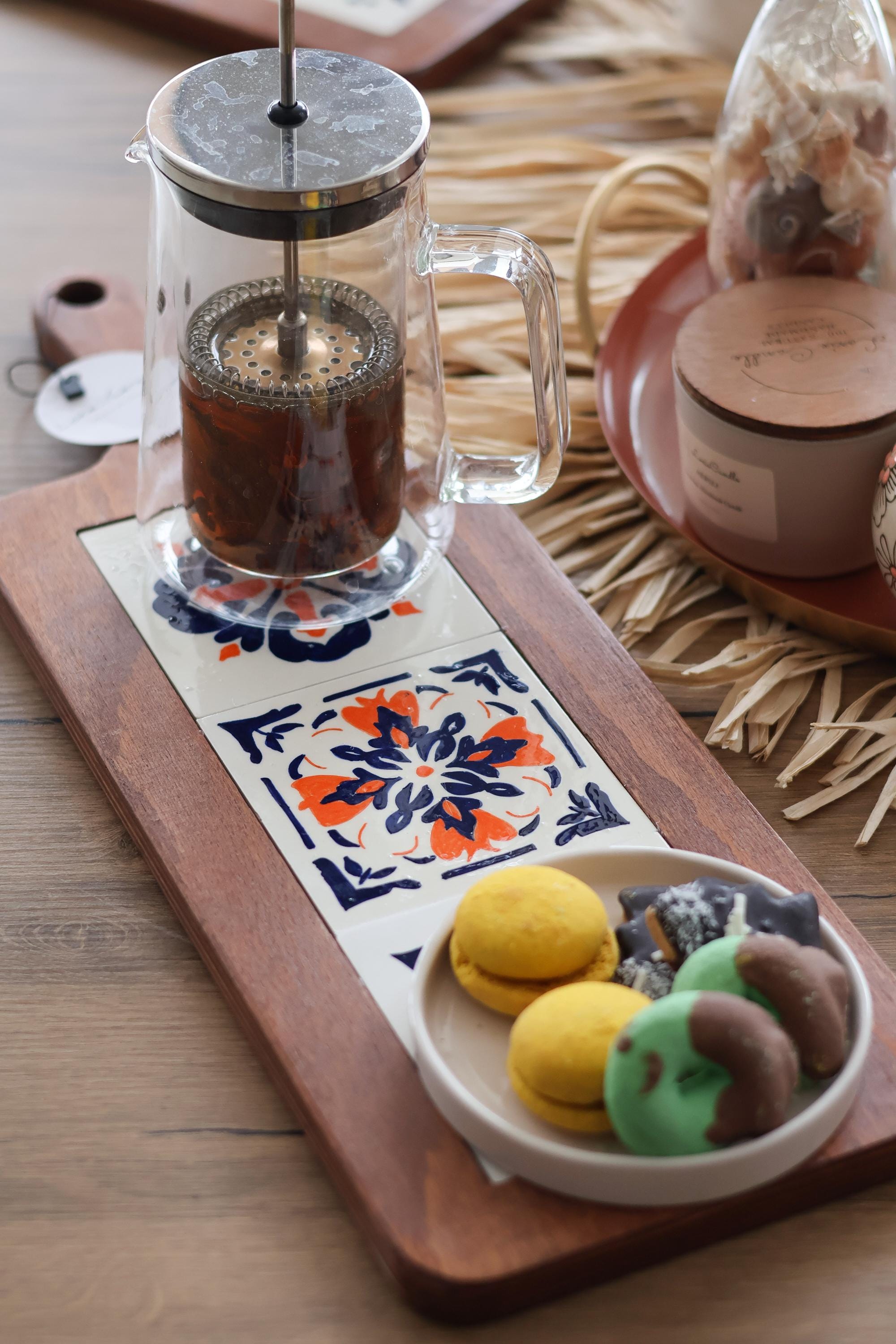 Handcrafted Wooden Serving Tray With Blue&orange Colored Ceramic Tile ...