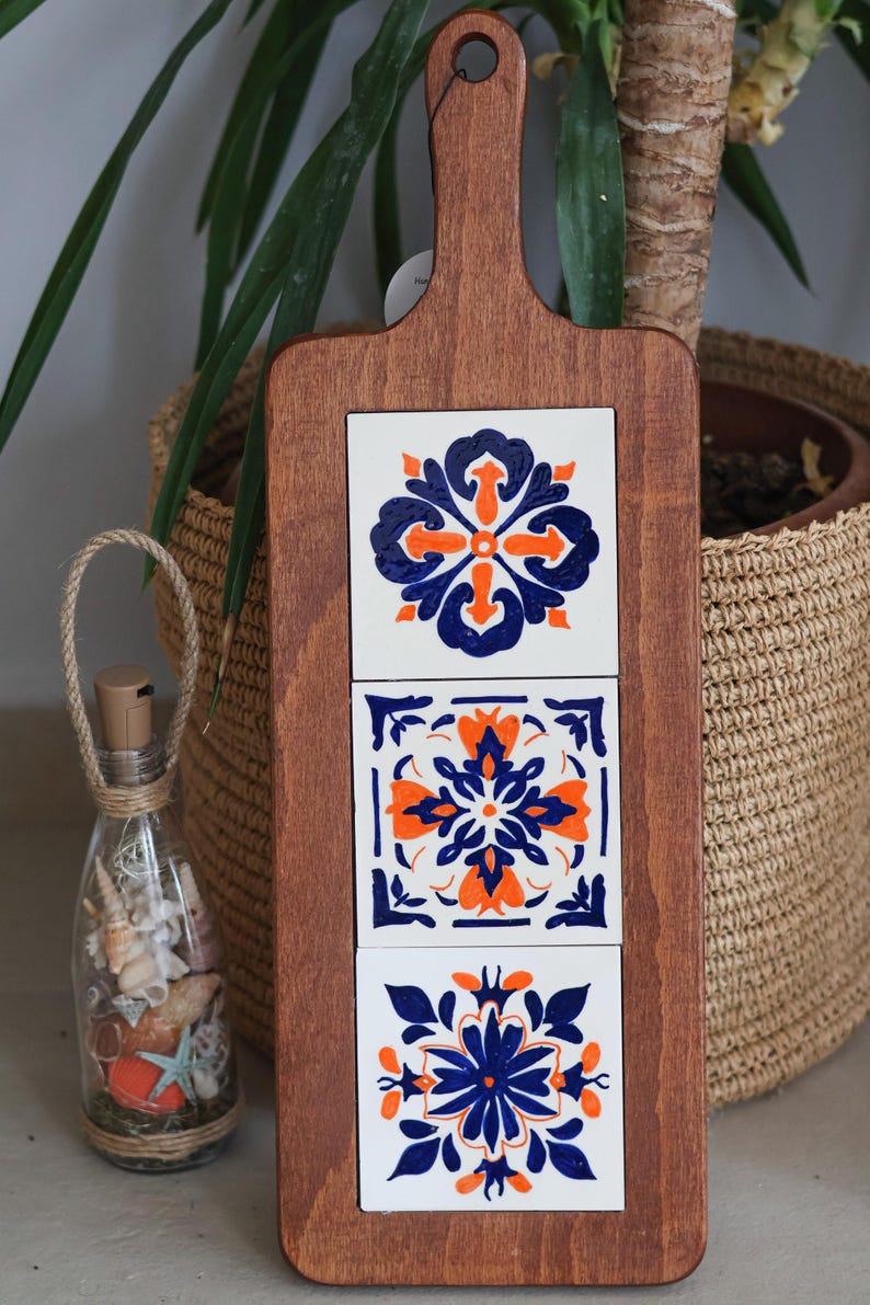 Handcrafted Wooden Serving Tray With Blue&orange Colored Ceramic Tile ...
