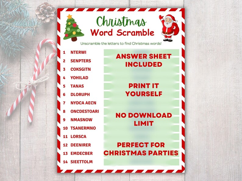 Christmas Word Scramble, Printable Christmas Party Game for Kids Adults ...