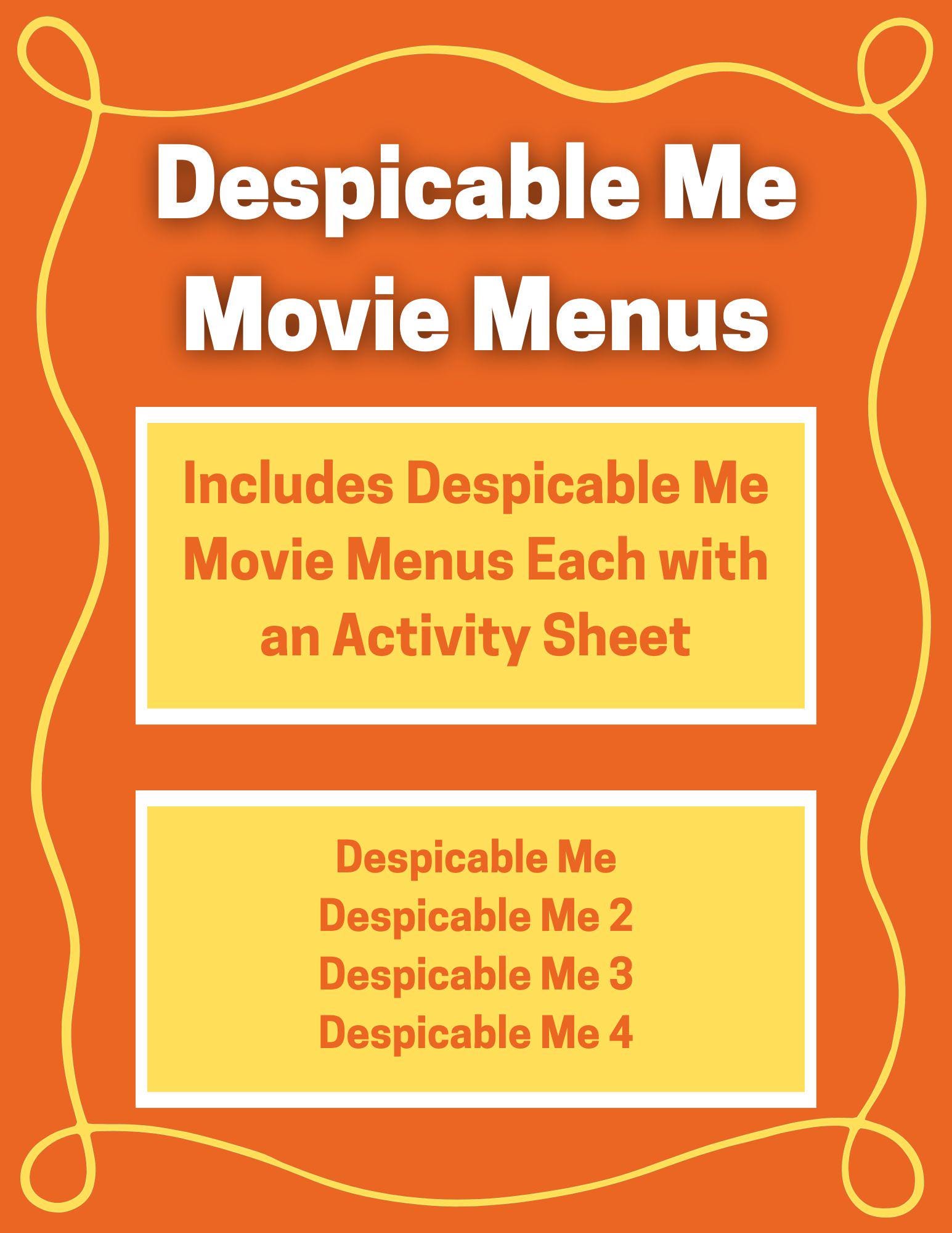 Despicable Me Movie Menus! Set of 4 Menus With Activity Sheets! - Etsy