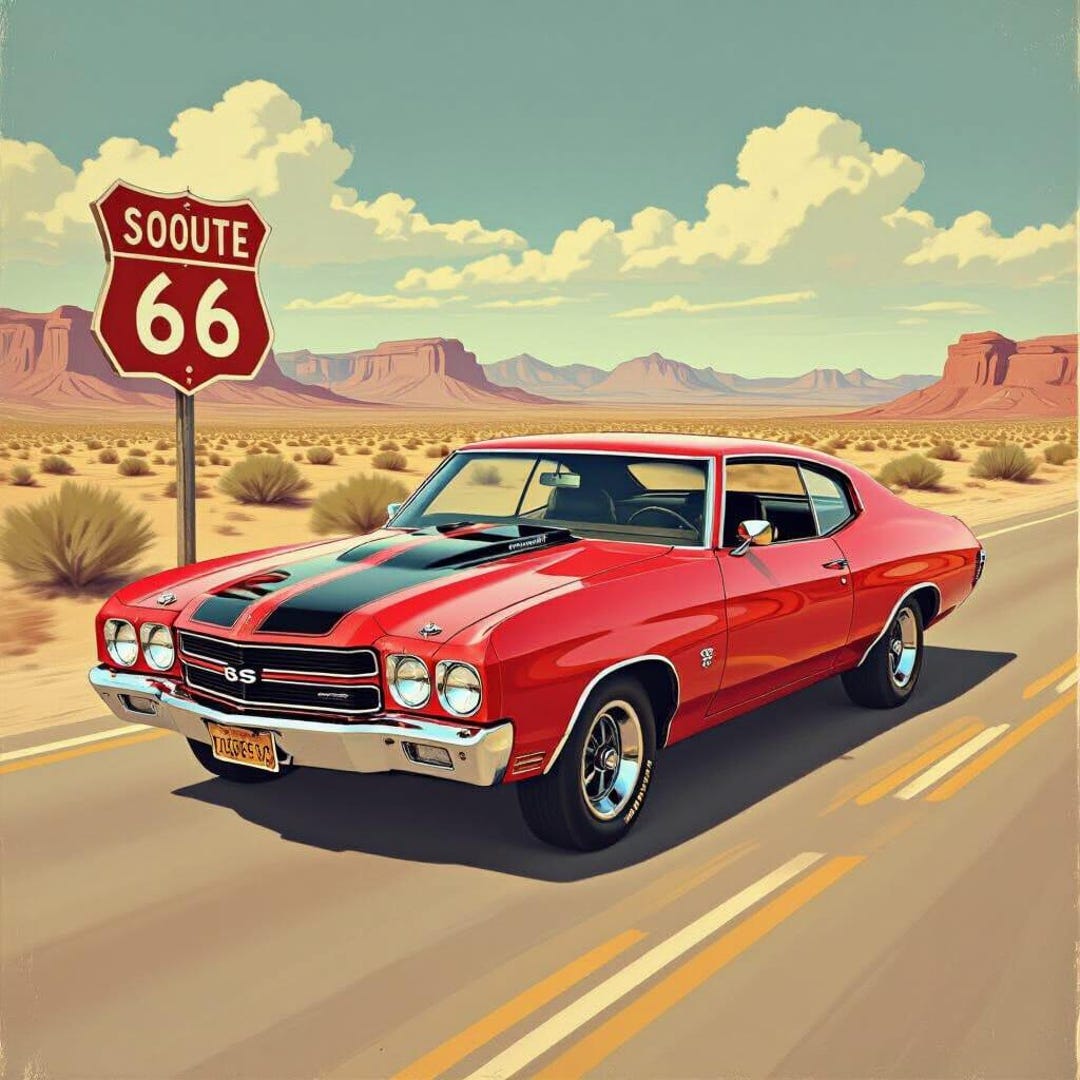 Route 66 Muscle Car Poster – Classic Chevelle SS, Retro American Prints ...