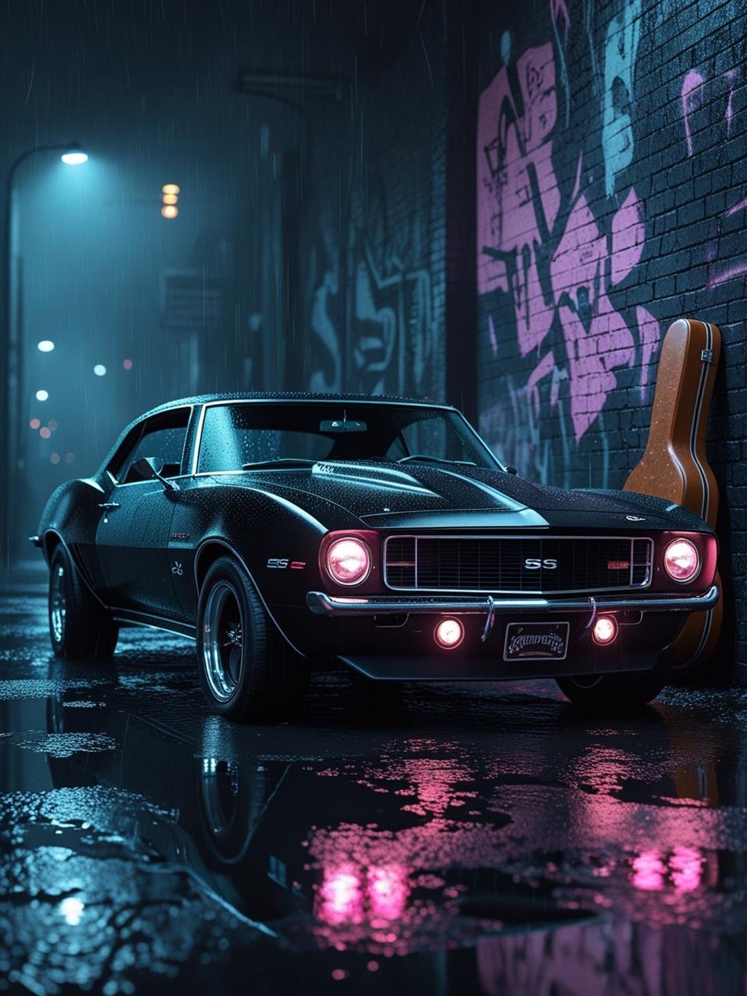 Rainy Night Muscle Car Poster: Neon Grunge Alley Art (18x24" Printable ...