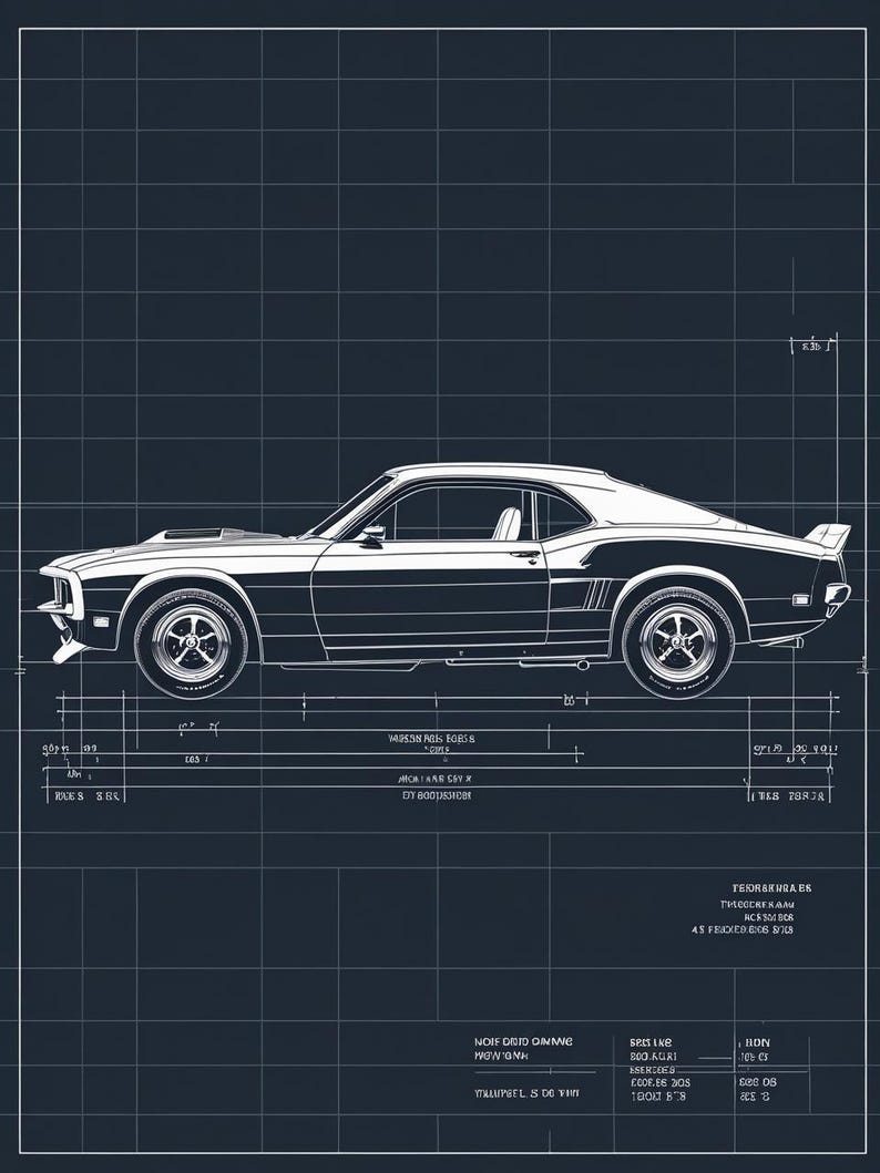 Muscle Car Blueprint Poster: Technical Wall Art for Garage, Man Cave ...
