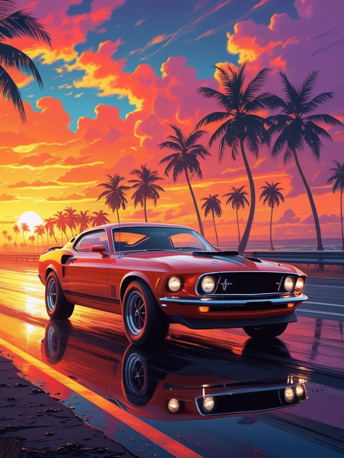 Miami Sunset Muscle Car Print: Retro 1969 Classic Car Art (digital ...