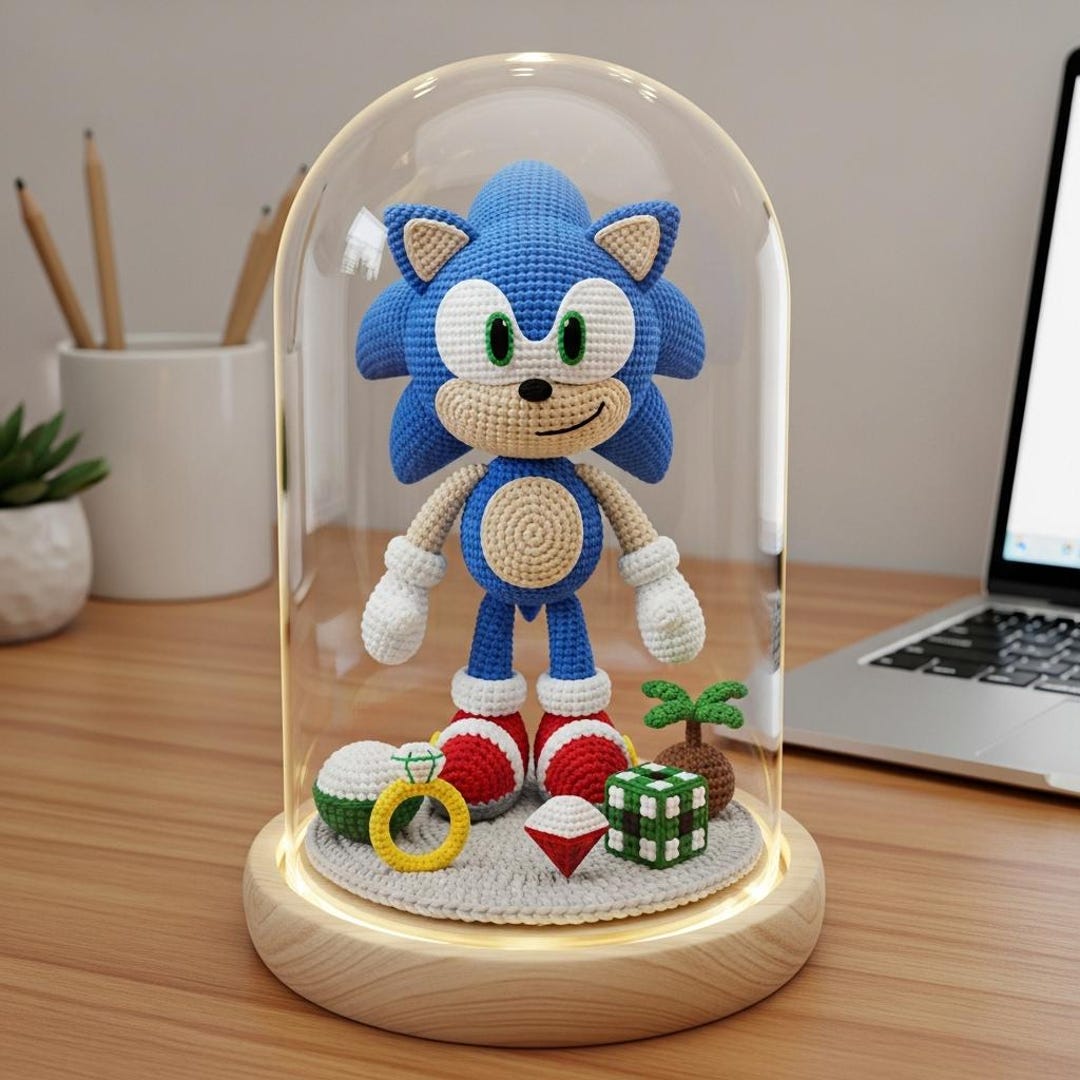 Handmade Sonic Crochet Plush in Glass Dome, Wooden Base With LED ...
