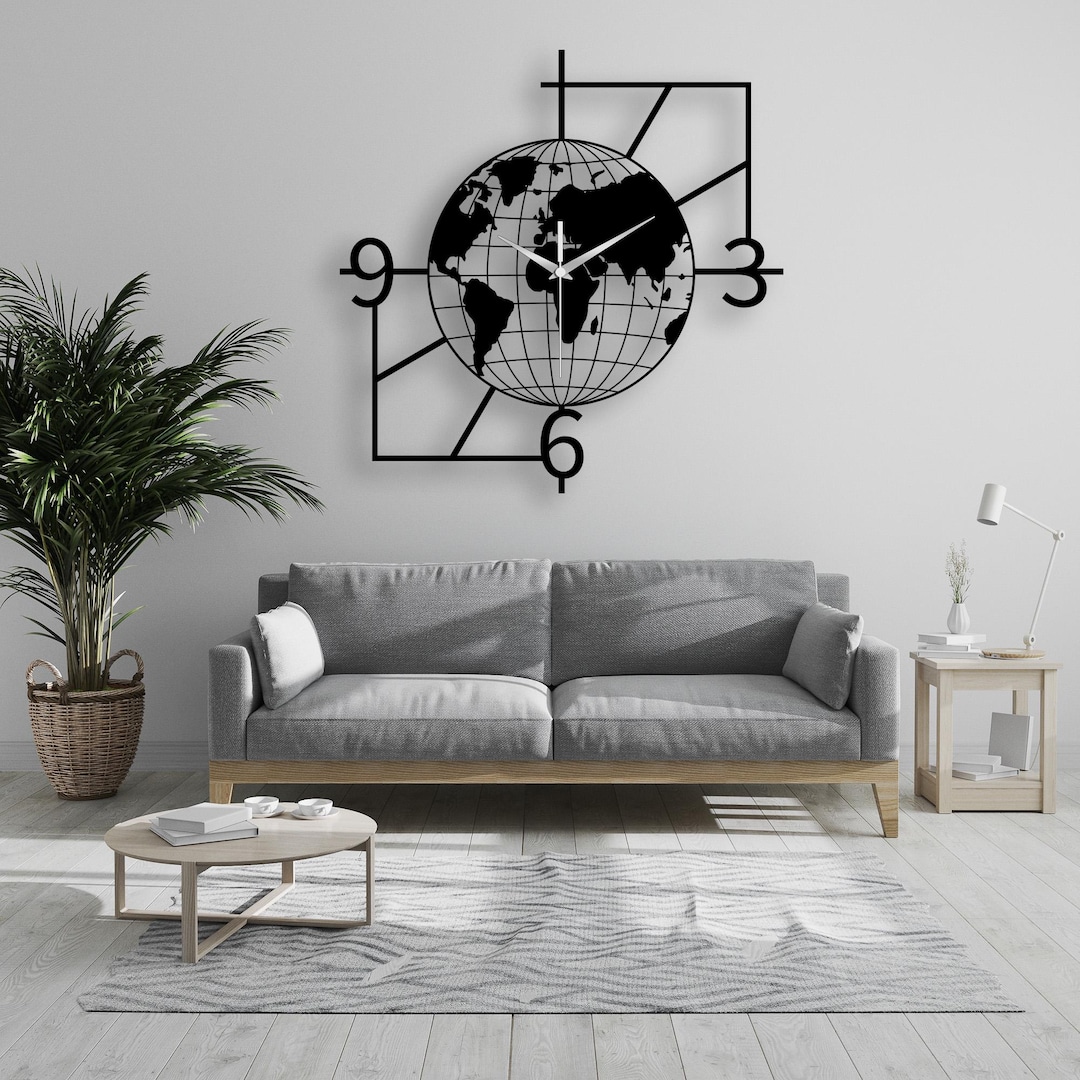 Metal World Map Large Wall Clock, Modern Geometric Globe Clock, Silent ...