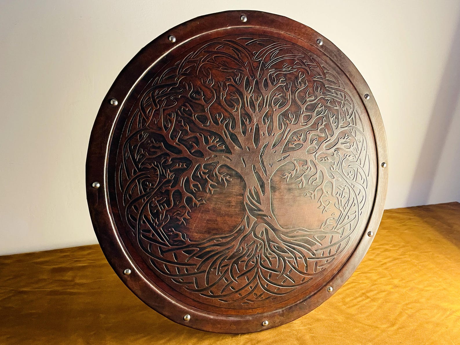 Handmade Leather Viking Shield: Tree of Life Design, Brass & Wood - 18/ ...