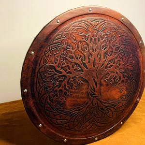 Handmade Leather Viking Shield: Tree of Life Design, Brass & Wood - 18/ ...