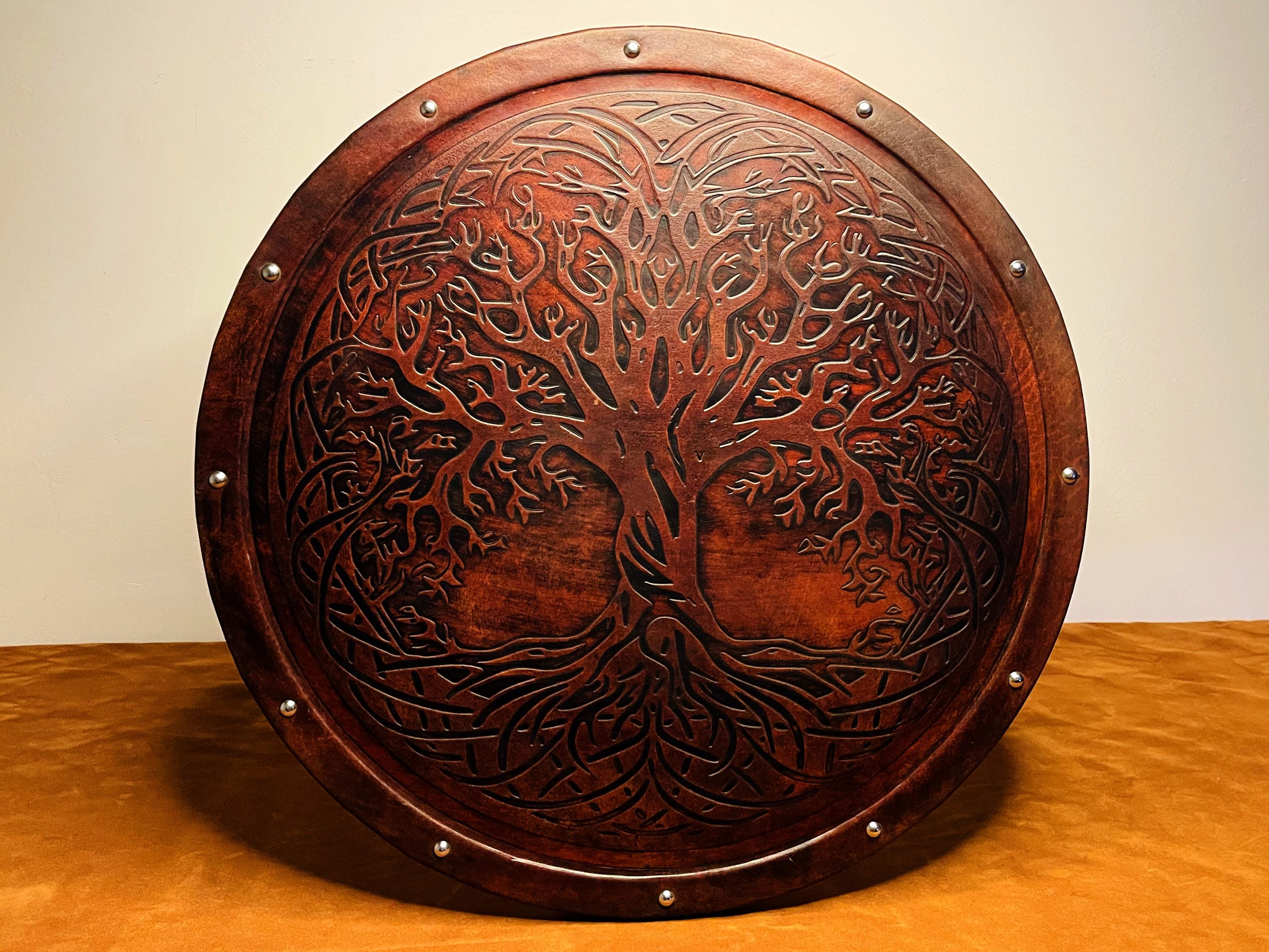 Handmade Leather Viking Shield: Tree of Life Design, Brass & Wood - 18/ ...