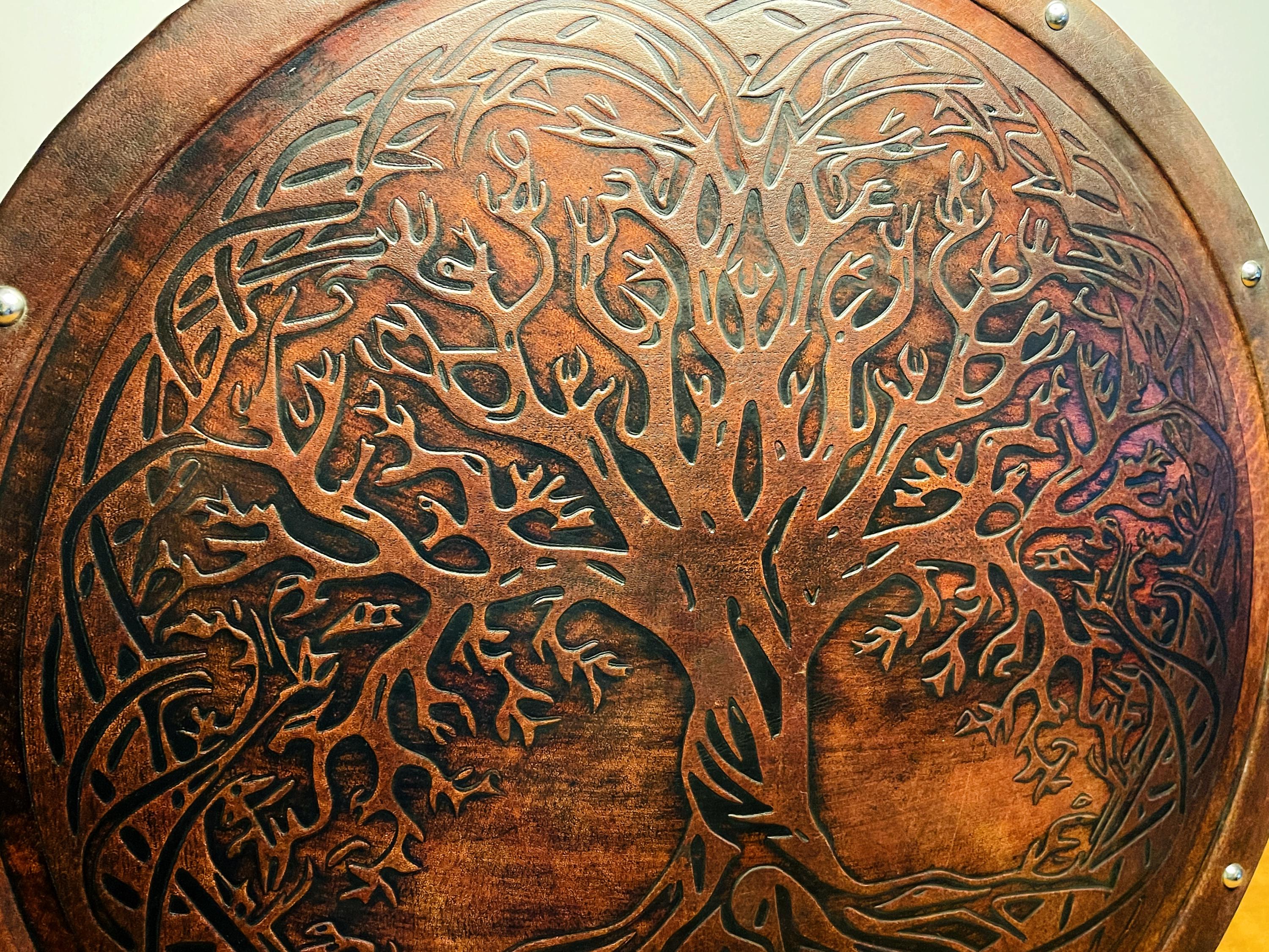 Handmade Leather Viking Shield: Tree of Life Design, Brass & Wood - 18/ ...