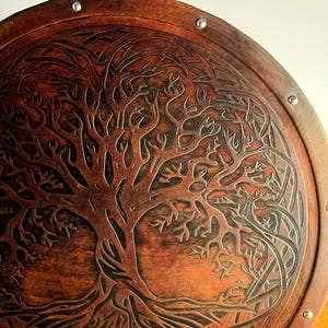 Handmade Leather Viking Shield: Tree of Life Design, Brass & Wood - 18/ ...