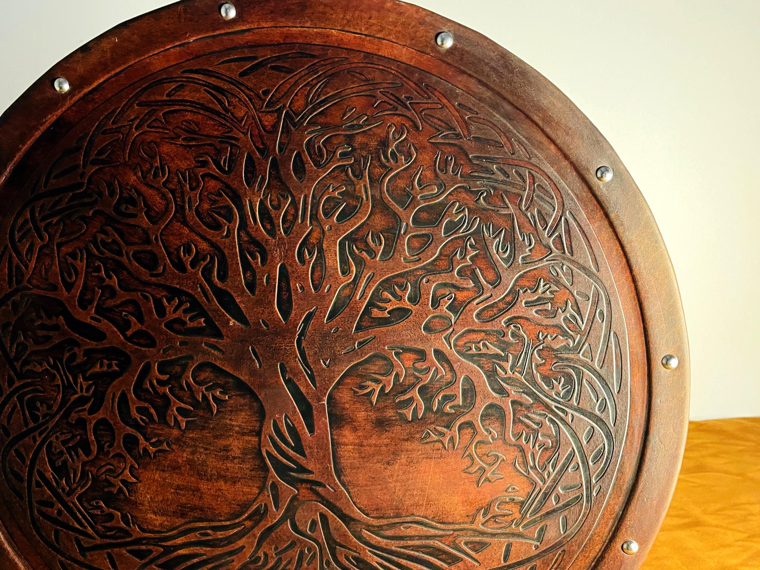 Handmade Leather Viking Shield: Tree of Life Design, Brass & Wood - 18/ ...