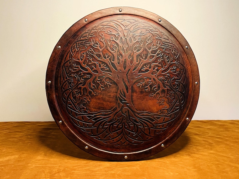 Handmade Leather Viking Shield: Tree of Life Design, Brass & Wood - 18/ ...