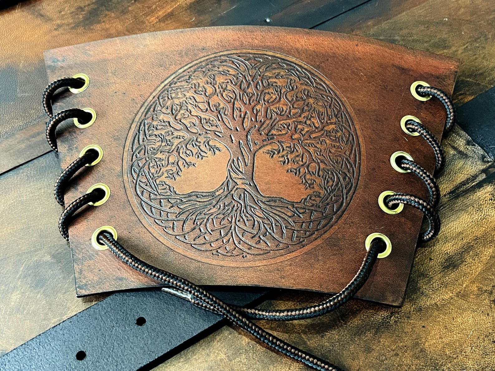 Handmade Leather Viking Shield: Tree of Life Design, Brass & Wood - 18/ ...