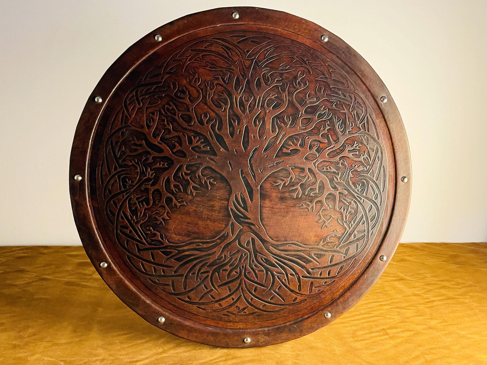 Handmade Leather Viking Shield: Tree of Life Design, Brass & Wood - 18/ ...