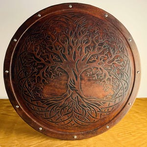 Handmade Leather Viking Shield: Tree of Life Design, Brass & Wood - 18/ ...