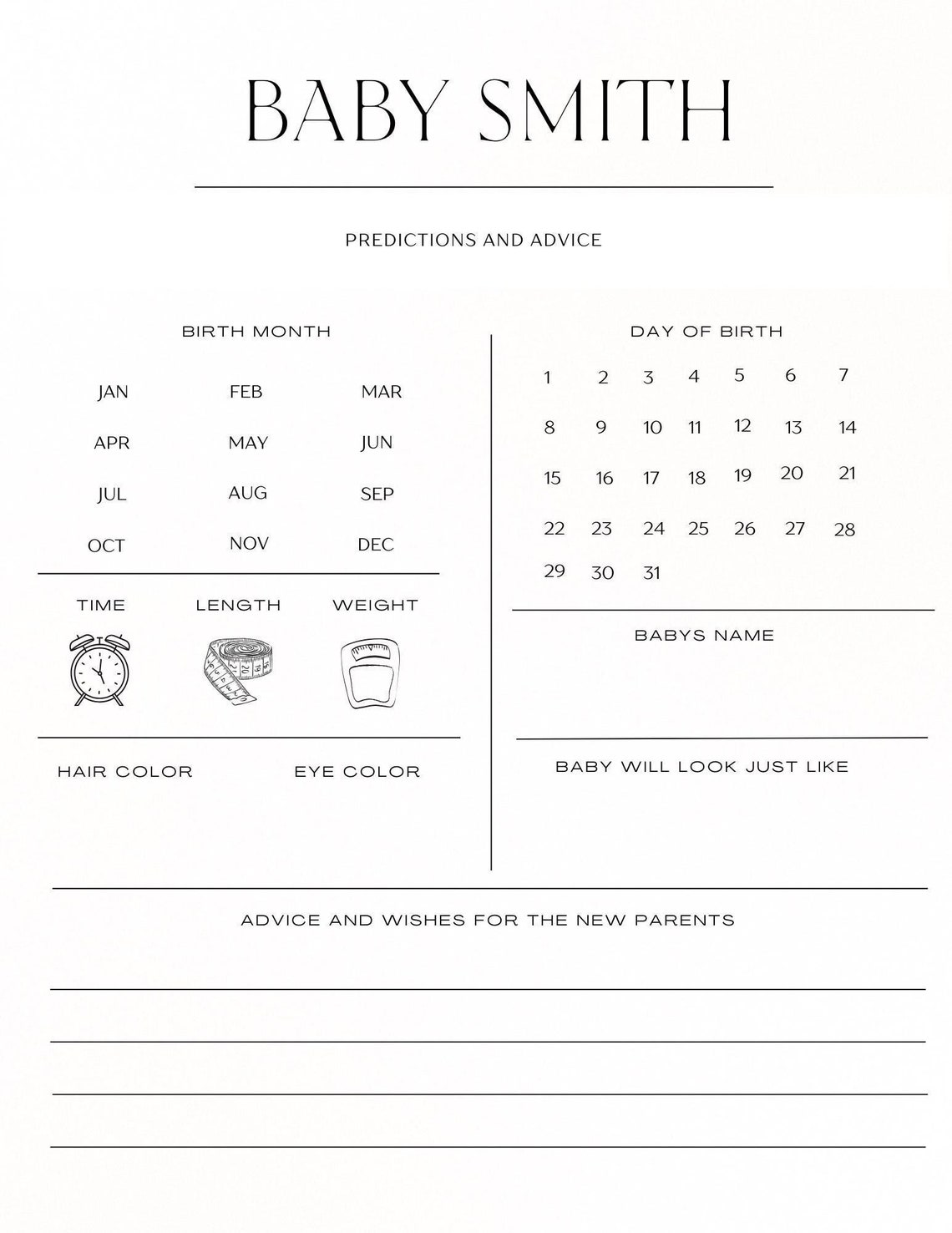 Personalized Minimalist Baby Shower Predictions and Advice Card ...