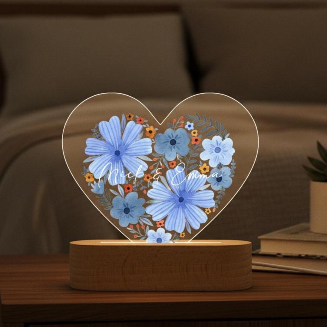 Customized Romantic Blue Flowers Night Light, Personalied Bedroom Night ...