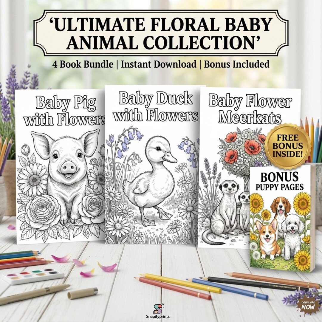 Floral Baby Animal Coloring Book Bundle – Pig, Duck, Meerkat, Puppy ...