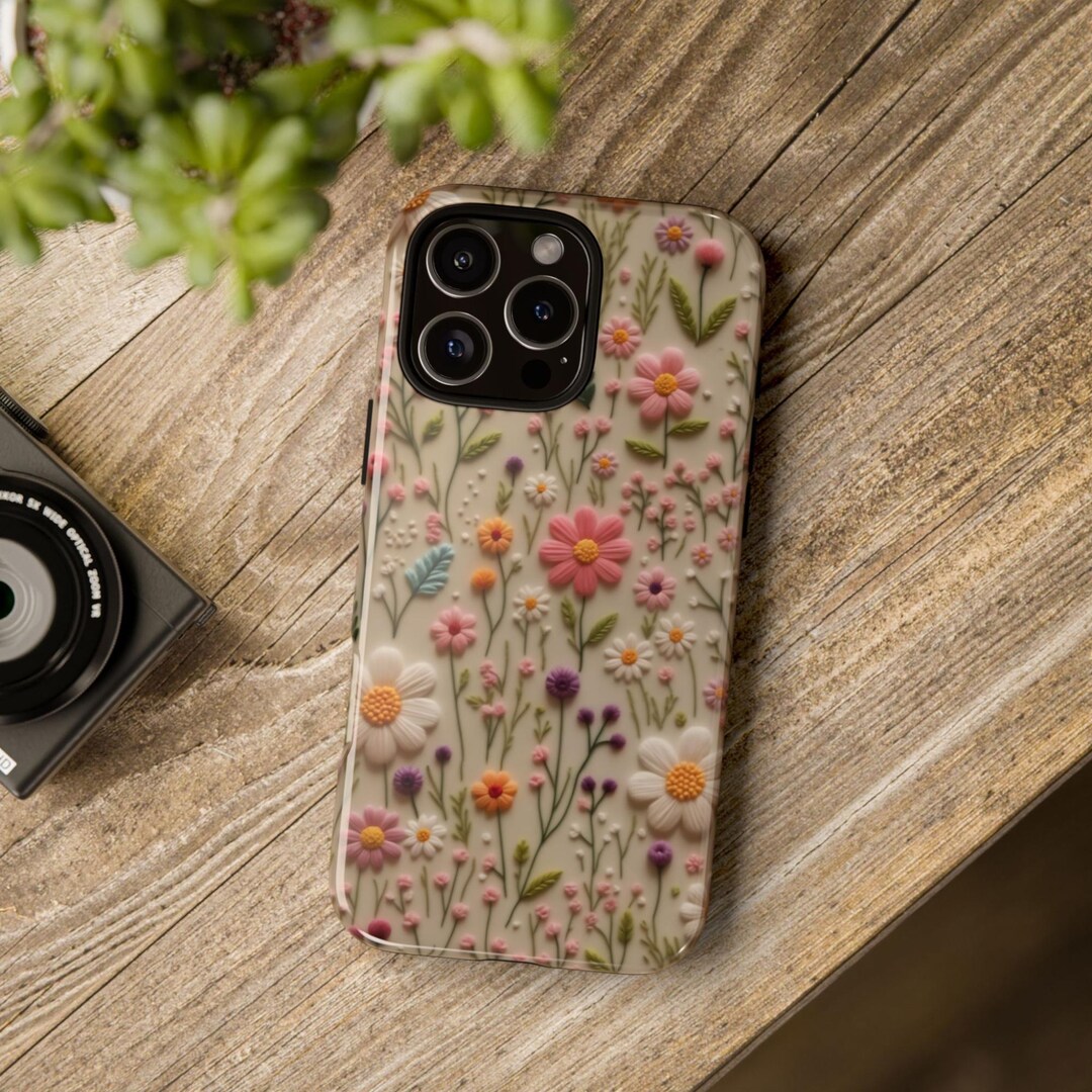 Pastel Floral Embroidery Effect Phone Case: Vintage Cottagecore Style ...