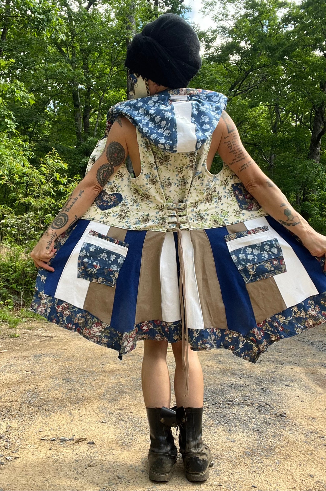 Blue White Floral Denim Hooded Vest Jacket Long Upcycled Couture Ooak ...