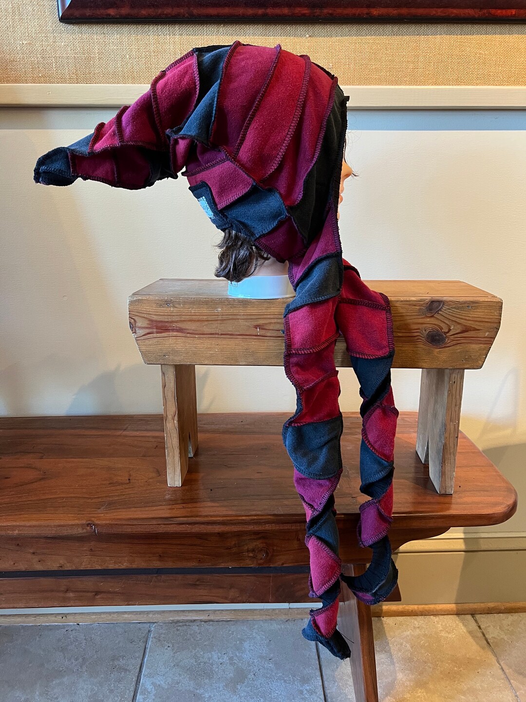 Maroon Black Jester Beanie Fleece Wizard Hat Unisex Ooak - Etsy