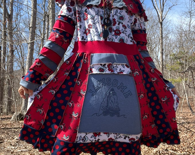 Jawsome Jaws Shark Floral Red White Blue Twirly Dress Tunic Upcycled ...