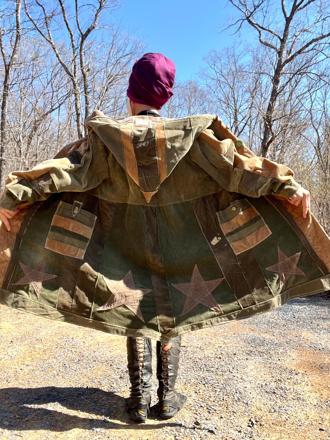Earth Star Brown Green Corduroy Wizard Jacket Hoodie Upcycled Patchwork ...