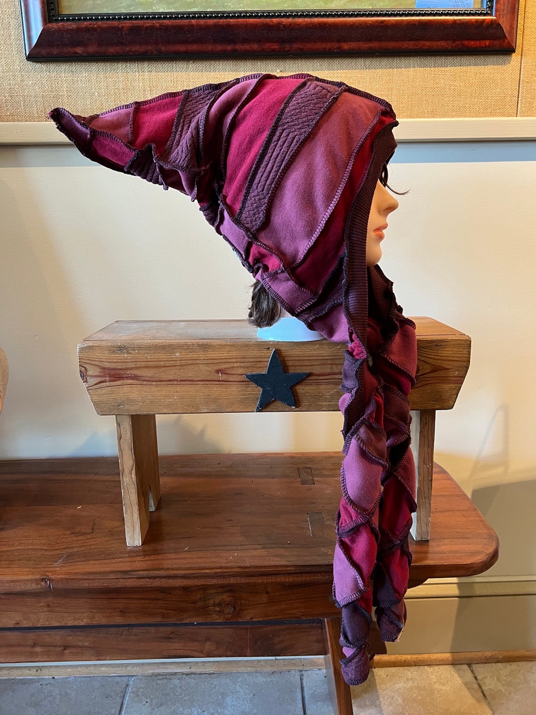 Maroon Wine Red Jester Beanie Fleece Wizard Hat Unisex Ooak - Etsy