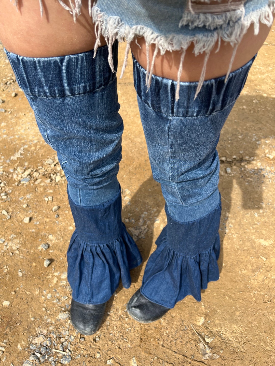 Funky Long Thigh High Thick Stretch Denim Ruffle Legwarmers Upcycled ...