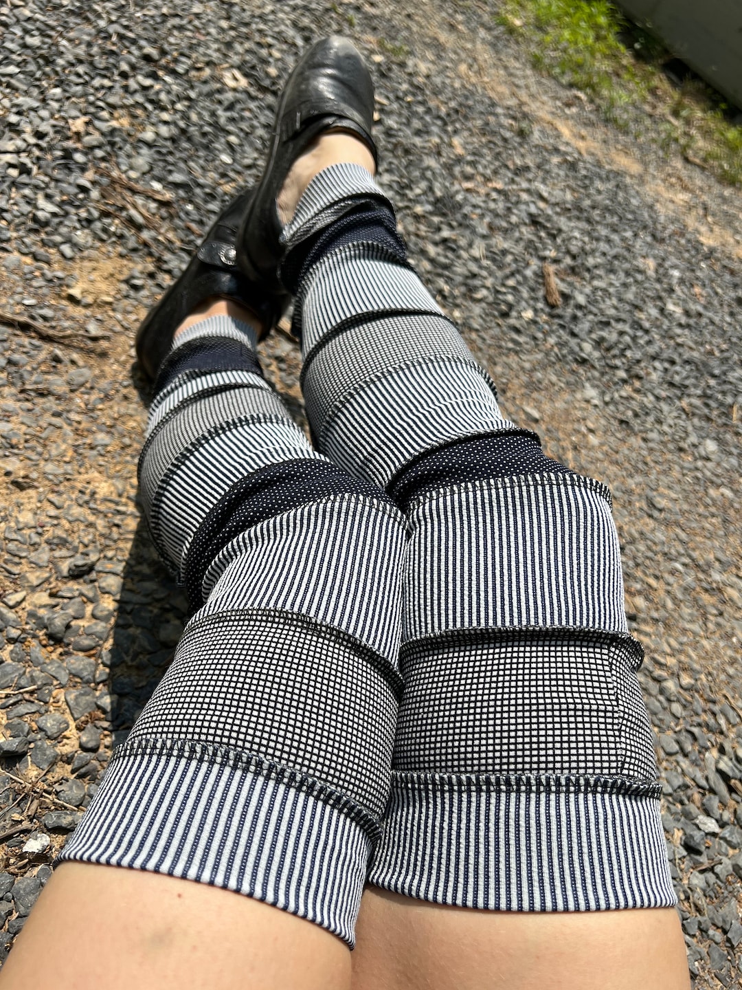 Extra Long Thigh High Trippy Black White Blue Stripe Polka Dot ...