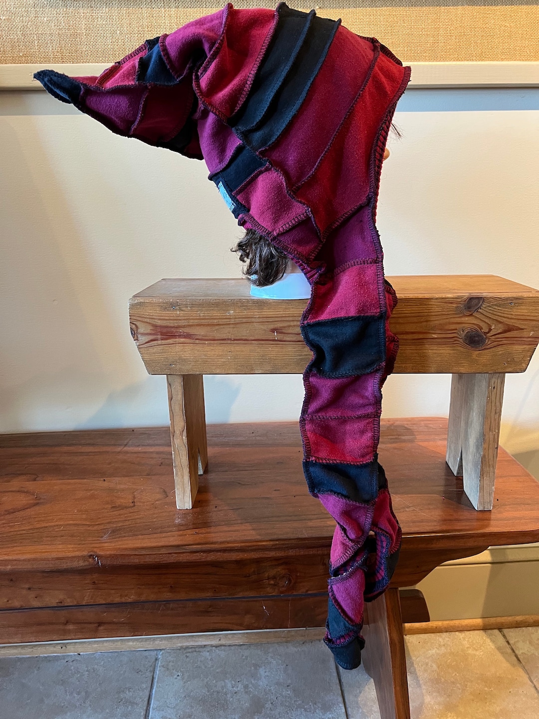 Maroon Black Jester Beanie Fleece Wizard Hat Unisex Ooak Upcycled ...