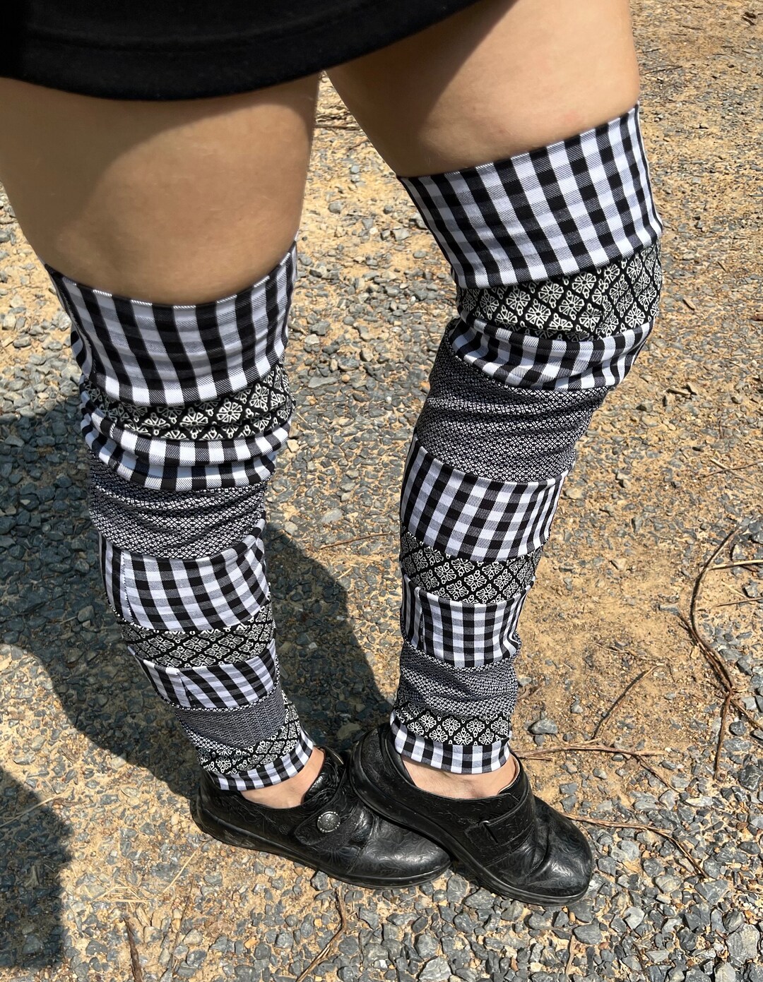 Extra Long Thigh High Trippy Black White Checkered Legwarmers Upcycled ...
