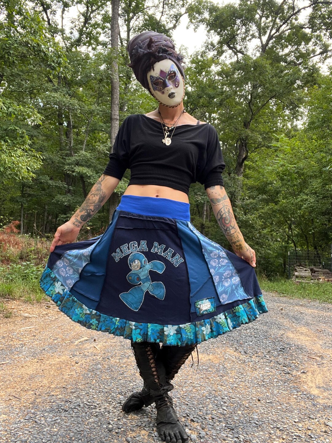 Mega Man Blue Turquoise Patchwork Twirly Skirt Upcycled Cotton Ooak ...