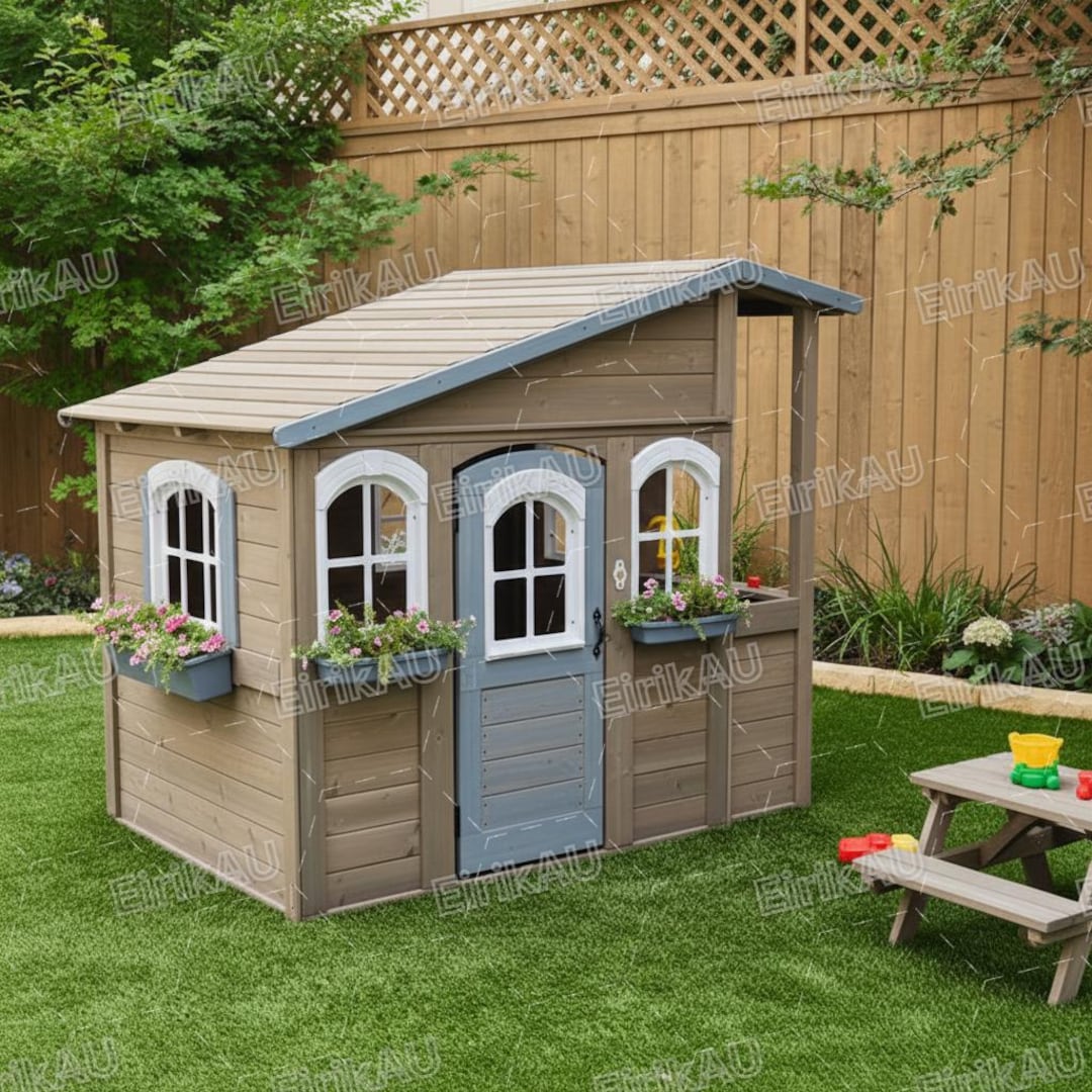 Outdoor Wooden Kids Playhouse With Flower Boxes – Backyard Cottage ...