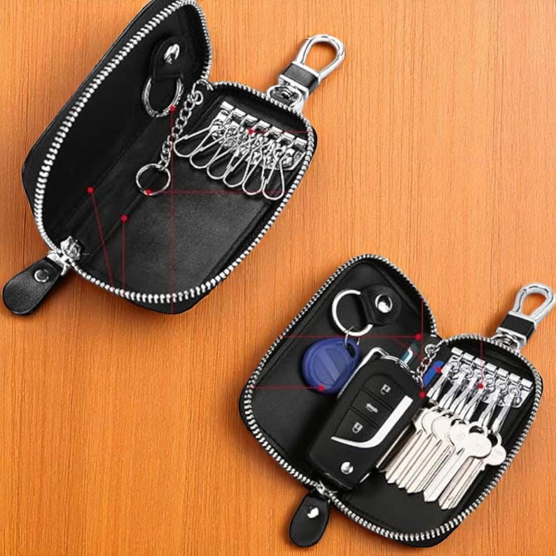 Unisex Leather Car Key Holder Case With Zipper – 6 Hooks, Key Wallet ...