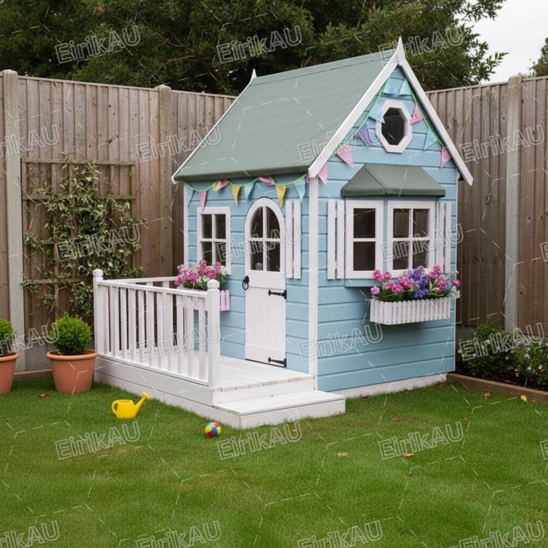 Outdoor Wooden Kids Playhouse With Porch & Flower Boxes – Blue Cottage ...