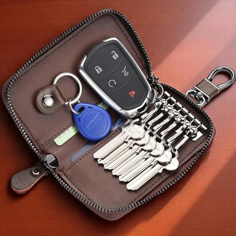 Unisex Leather Car Key Holder Case With Zipper – 6 Hooks, Key Wallet ...