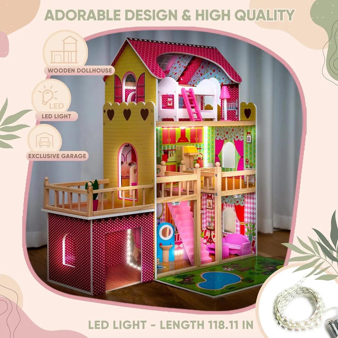 Large Wooden Dollhouse With Furniture Accessories, 3 Story Wooden House ...