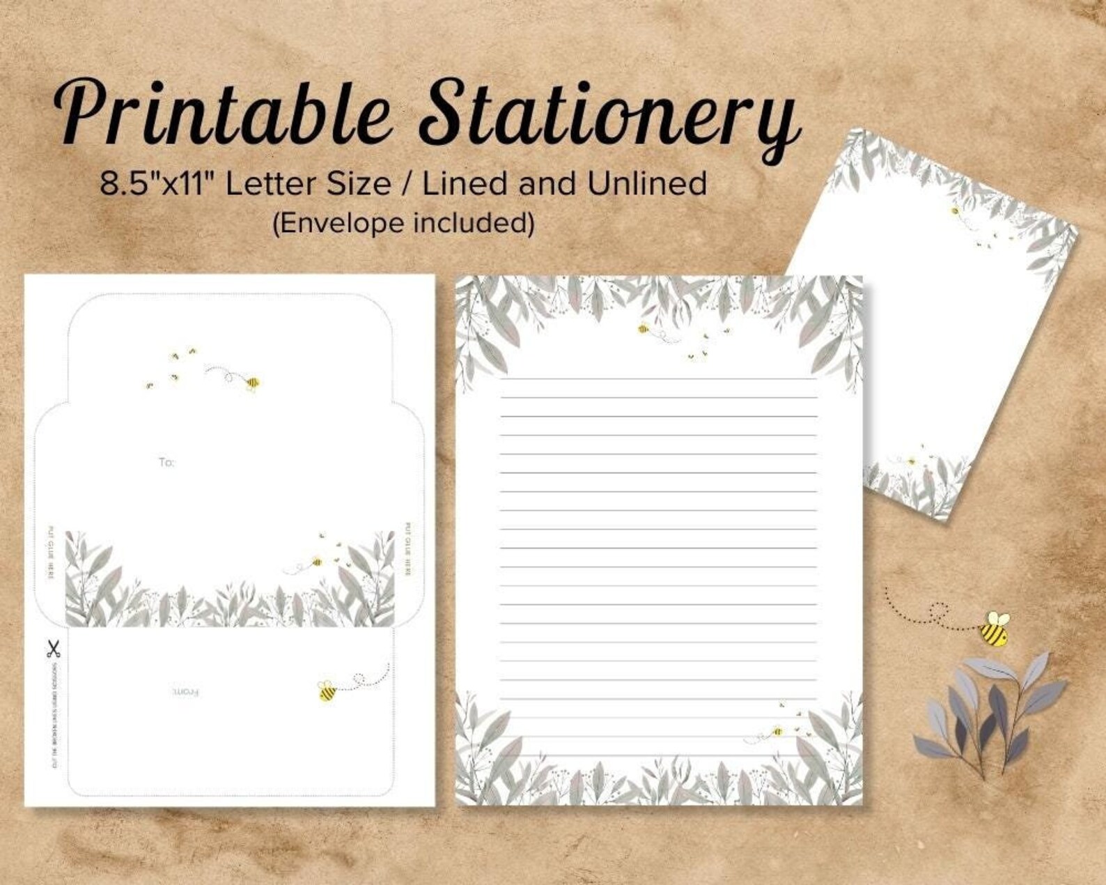 Printable Spring Letter Paper, Pale Green Leaves Stationery, Minimalist ...