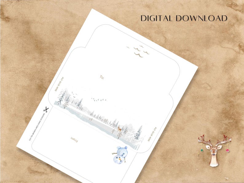 Printable Winter Scene Paper, Deer and Bird Stationery, Snowy Landscape ...