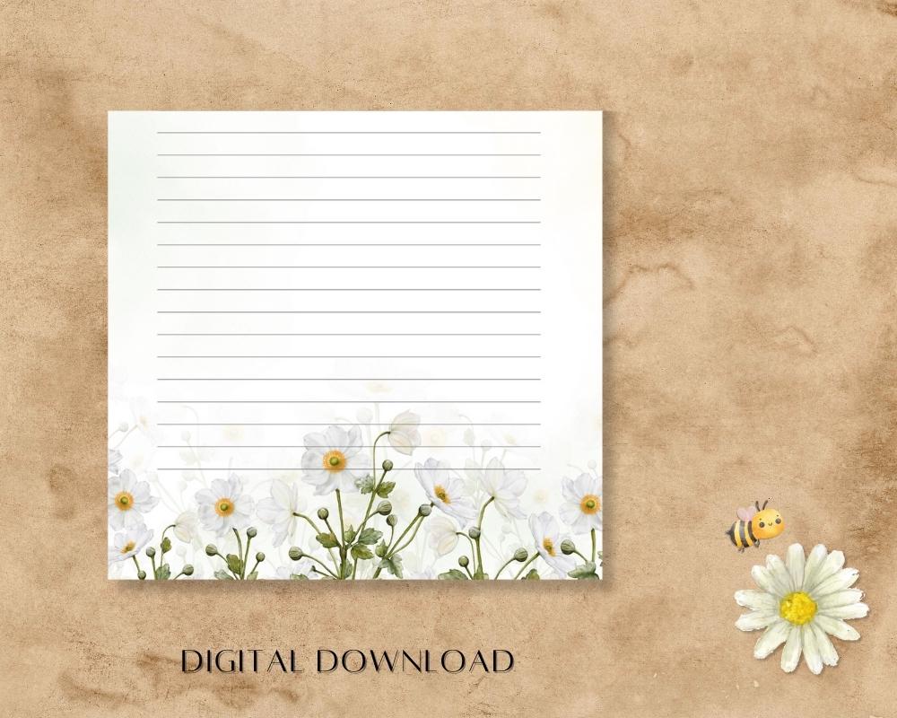 Printable Writing Paper, Minimalist White Floral Stationery, Lined and ...