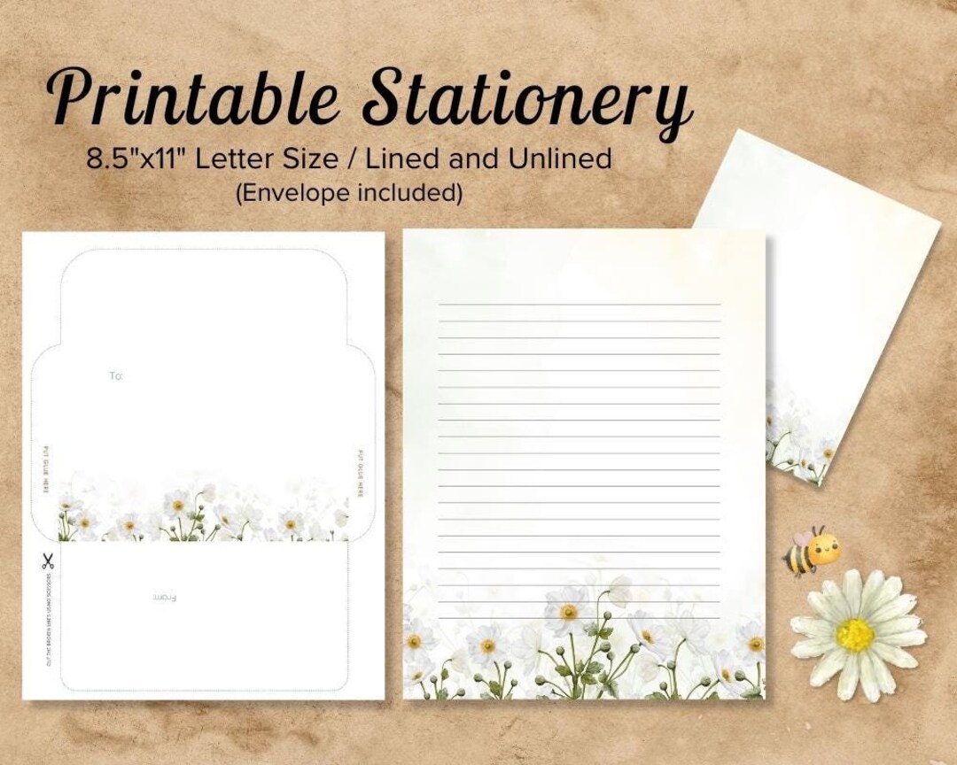 Printable Writing Paper, Minimalist White Floral Stationery, Lined and ...