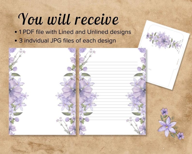 Printable Purple Paper, Watercolor Flower Stationery, Elegant Writing ...