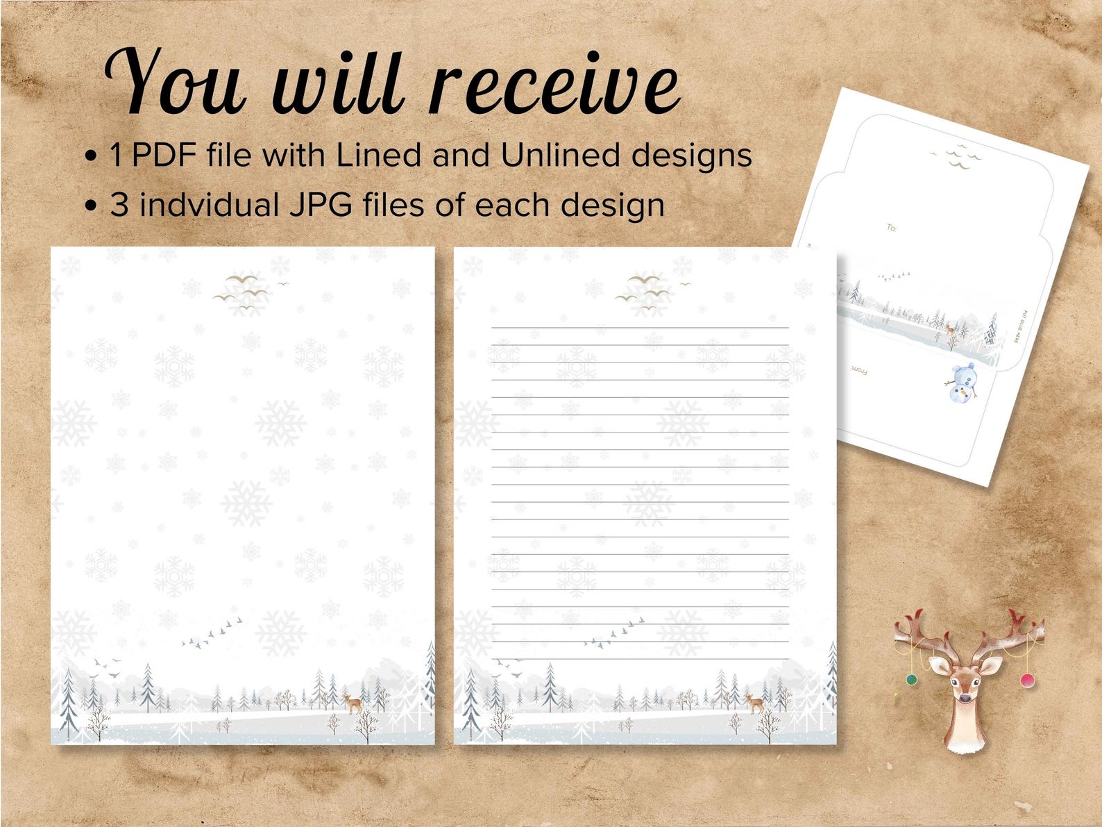 Printable Winter Scene Paper, Deer and Bird Stationery, Snowy Landscape ...