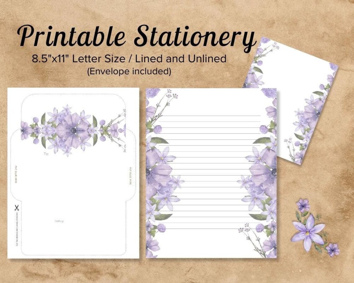 Printable Purple Paper, Watercolor Flower Stationery, Elegant Writing ...