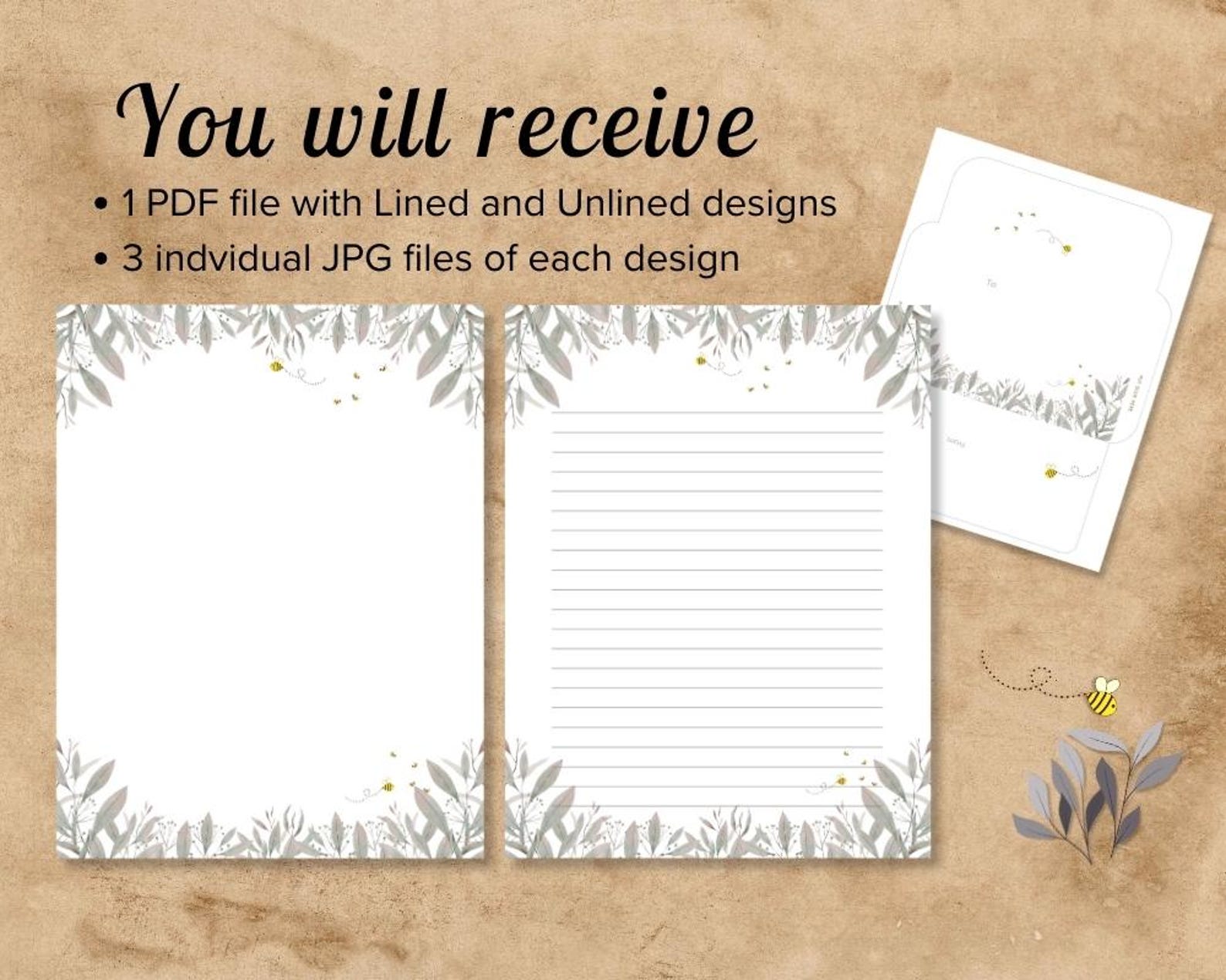 Printable Spring Letter Paper, Pale Green Leaves Stationery, Minimalist ...