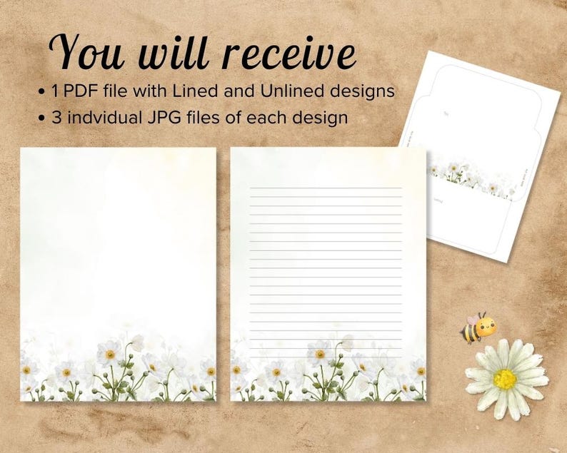 Printable Writing Paper, Minimalist White Floral Stationery, Lined and ...