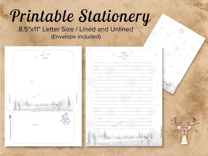 Printable Winter Scene Paper, Deer and Bird Stationery, Snowy Landscape ...
