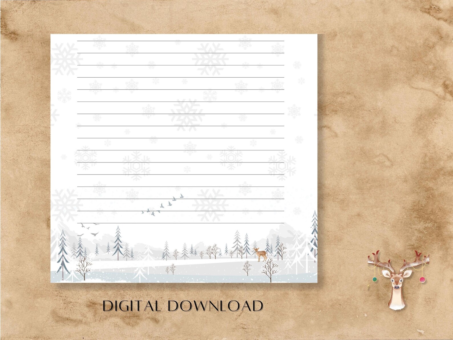 Printable Winter Scene Paper, Deer and Bird Stationery, Snowy Landscape ...